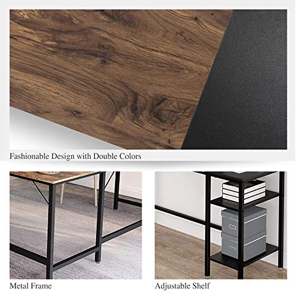 AJP Distributors L Shape Computer Desk with Storage Shelf Study Writing Table for Home Office, Modern Simple Style PC Desk, Black Metal Frame, Rustic