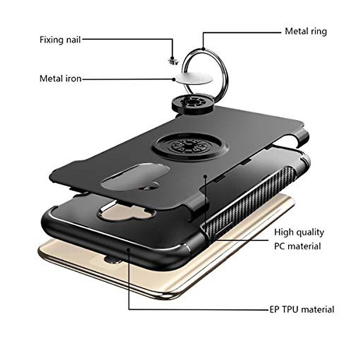 Orzero TPU + PC Hybrid Dual Layer Case Compatible for Huawei Mate 20 Lite Full Body Heavy Duty Protection 360 Rotating Metal Ring [Adsorbed Iron Plate] - Blue