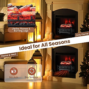 Tangkula 20” Electric Fireplace Log Set Heater with Adjustable Temp, Overheating Protection, Realistic Birch Wood Ember Bed, Infrared Quartz Electric Fireplace Insert for Home & Office Decor, 1500W