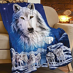 Fuzawet White Wolf Blanket Soft Warm Fleece Wolves Throw Cozy Fluffy Plush Animal ​Blanket Wolf Gifts Stuff for Kids Adults Bed 40''X50''