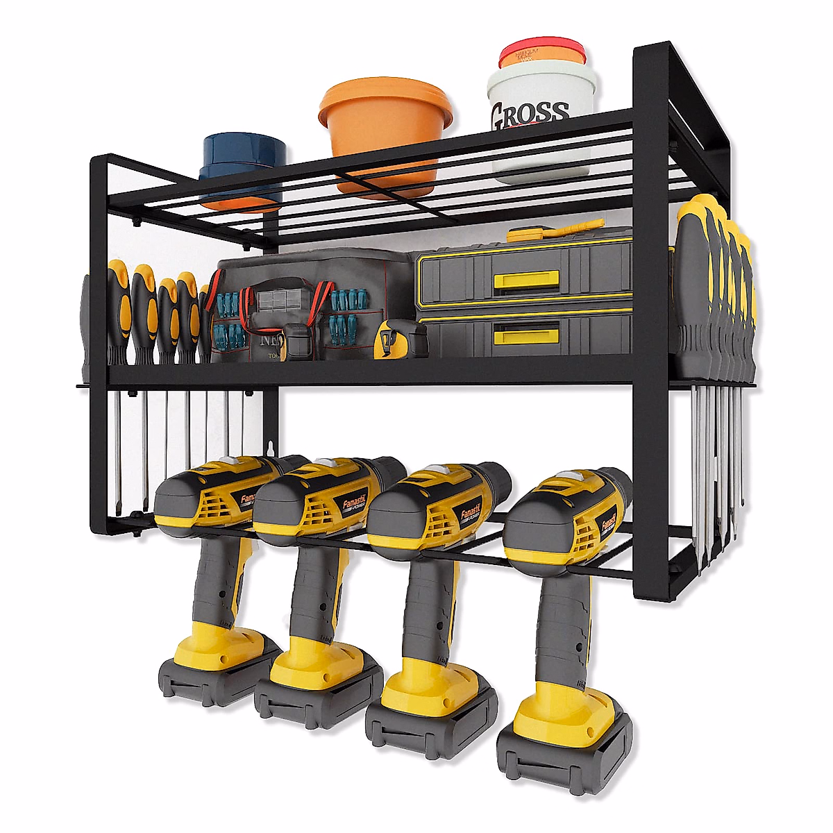 Fonkoufi Power tool organizer, 3 level garage tool organizer and storage, heavy duty tool holder with screwdriver holder/pliers holder/hammer holder, drill bit bracket wall mount, etc