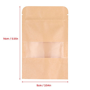 Fafeicy 200Pcs Sealable Bags for Packaging, Kraft Paper Stand Up Pouch Bag with Resealable Zipper and Window for Food and Coffee, 9x14cm