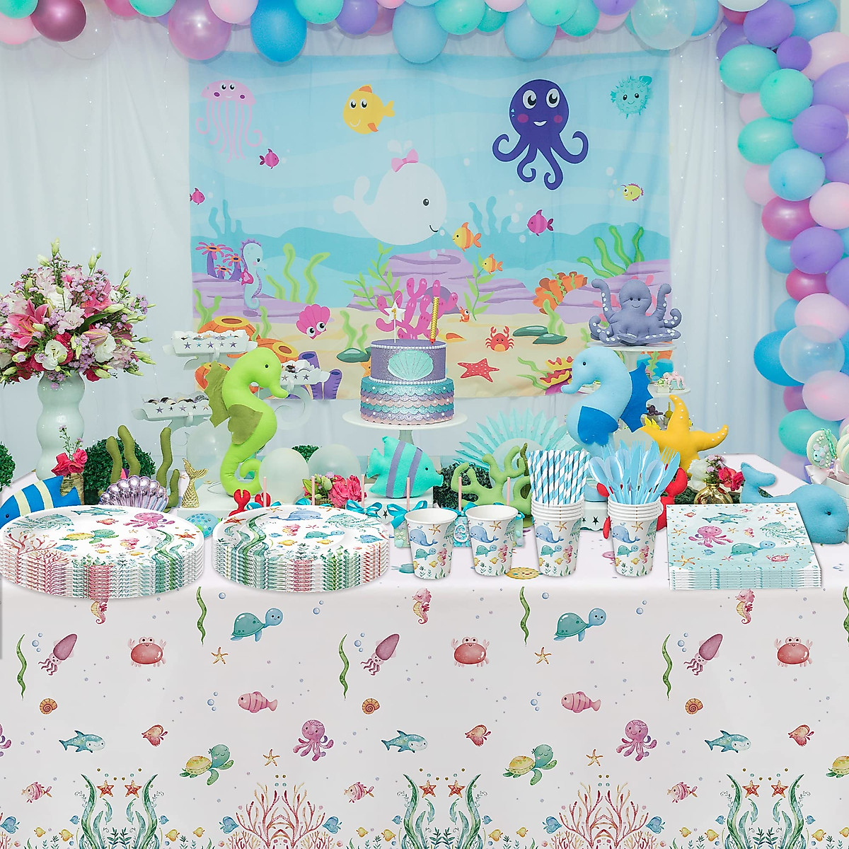APOWBLS Under The Sea Party Decorations Dinnerware For Ocean Theme Birthday Baby Shower, Ocean Under The Sea Party Supplies, Plate, Napkin, Tablecloth, Underwater Sea Life Party Tableware, Serve 24