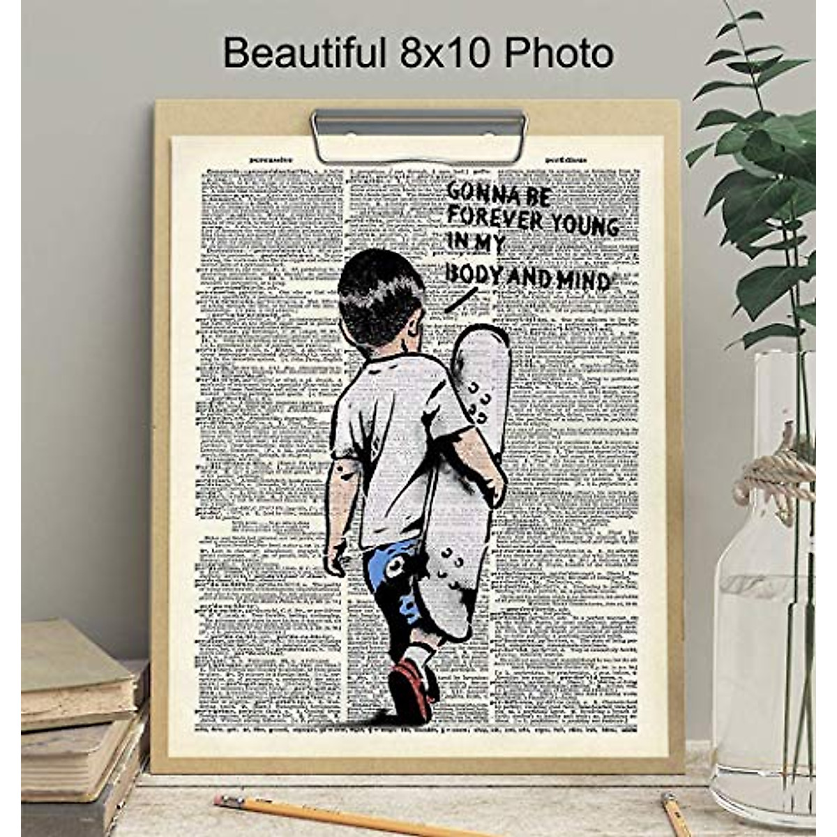 Banksy Skateboard Motivational Upcycled Dictionary Wall Art - Inspirational Graffiti, Urban Street Art Poster Print - Home Decor for Nursery, Kids or Boys Room - Great Gift - 8x10 Photo