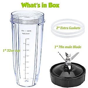 [New Model] Replacement 7 Fins Male Blade&32oz Blender Cup Compatible For Nutri Ninja Blender [4 Inch Male 7 Fins Blade]