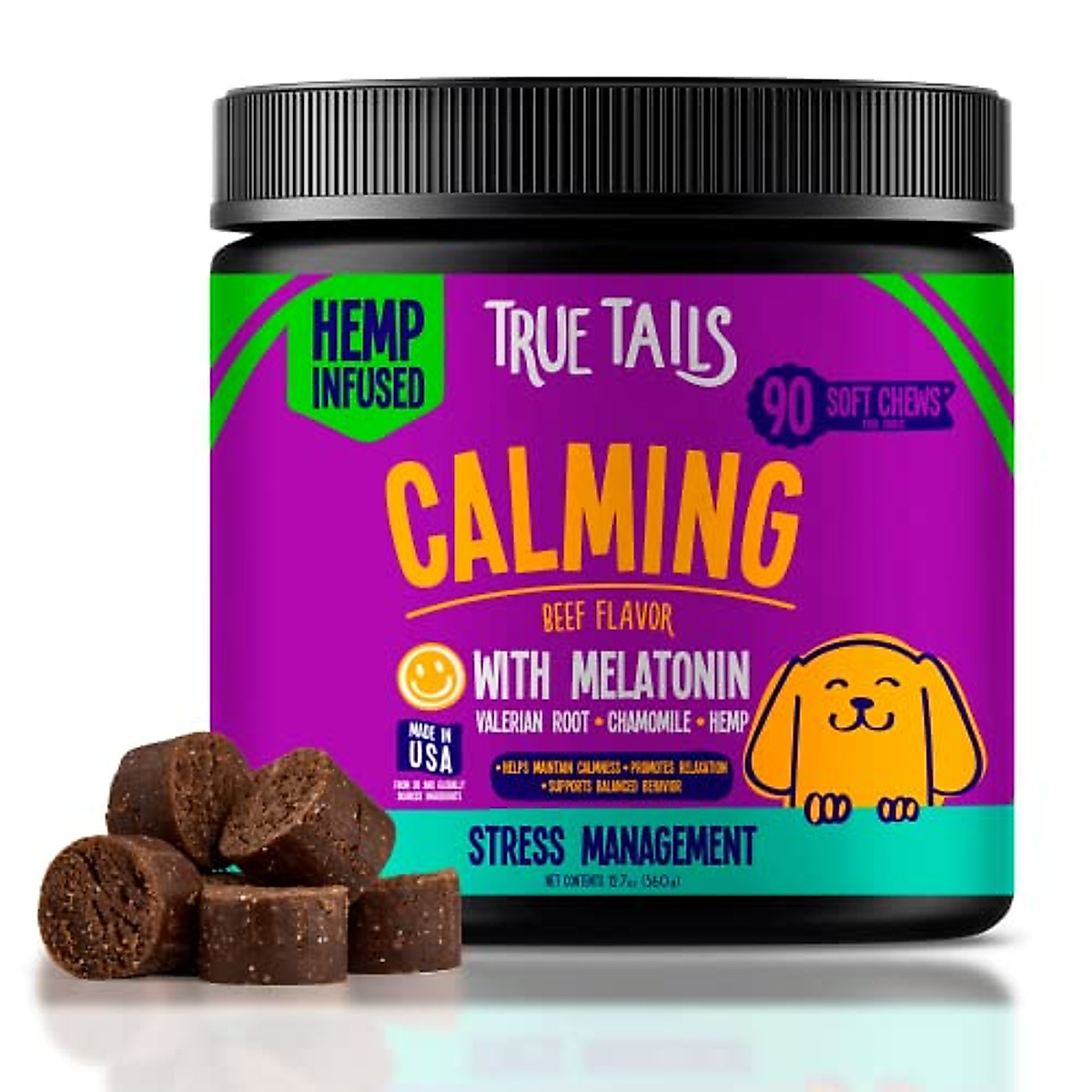 True Tails Calming Chews for Dogs – 90 Dog Calming Treats with Melatonin, Valerian Root, Hemp Oil for Dog Calming – Delicious Calming Dog Chews for Relaxation – No Preservatives or Fillers – Beef
