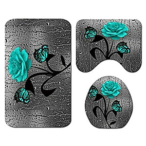 Taeamjone Teal Rose Shower Curtain Set Butterfly Bathroom Curtain with Non-Slip Rug, Toilet Lid Cover and Bath Mat, Rose Shower Curtain with 12 Hooks, Waterproof Raindrops Shower Curtain for Bathroom