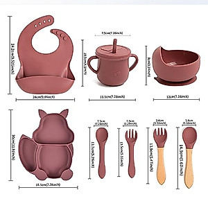 Silicone Baby Feeding Set, Baby Led Weaning Supplies with Suction Plate and Bowl, Toddler Plates and Bowls Set with Spoons Forks Sippy Cup Adjustable Bib, Eating Utensils