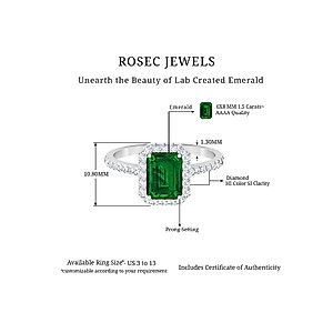 Rosec Jewels Lab Grown Emerald Diamond Halo Engagement Ring, AAAA Quality, Certified Emerald 6X8 MM Emerald Cut Engagement Ring, 14K Yellow Gold, Size:US 7.00