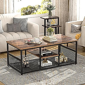 VECELO Coffee Center Table with Storage for Living Room Office Reception, Modern & Industrial Mesh Shelf, 39.4 Inch, Rustic Brown