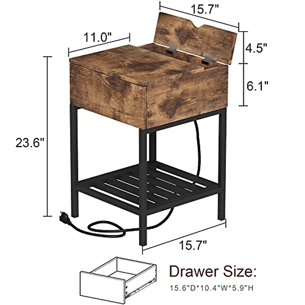 ChooChoo Nightstand with Charging Station and USB Ports, Rustic Side End Table with Drawer and Metal Shelf, Bedside Table for Small Spaces, Bedroom, Rustic Brown
