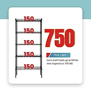 NiamVelo 5 Tier Wire Shelving Unit NSF Storage Shelving Adjustable Metal Wire Shelf Rack 21.5’’ x 11.6’’ x 47.6’’(LxWxH) Wire Rack for Kitchen, Office, Living Room, 750 Lbs Weight Capacity (Black)
