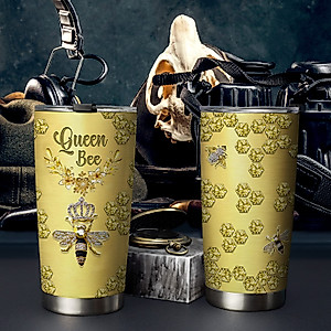 20oz Printed Jewelry Crystal Queen Bee Tumbler, Gifts for Bee Lovers, Coffee Thermos for Women, Stainless Steel Double Wall Vacuum Insulated Coffee Mug, Travel Cup with Lid