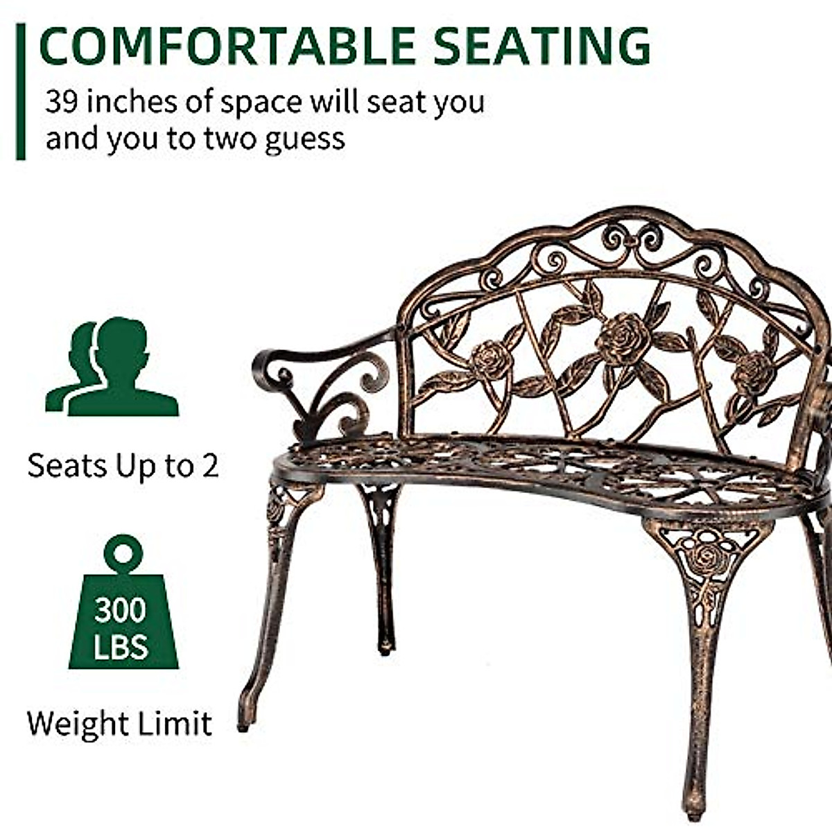Payhere Garden Benches for Outdoor, 39.7 in Antique Designed Metal Rose Carving Front Porch Bench, Cast Iron Cast Bronze Frame Antique Finish, Durable Patio Park Decor Leisure Bench for 2 Person Seat