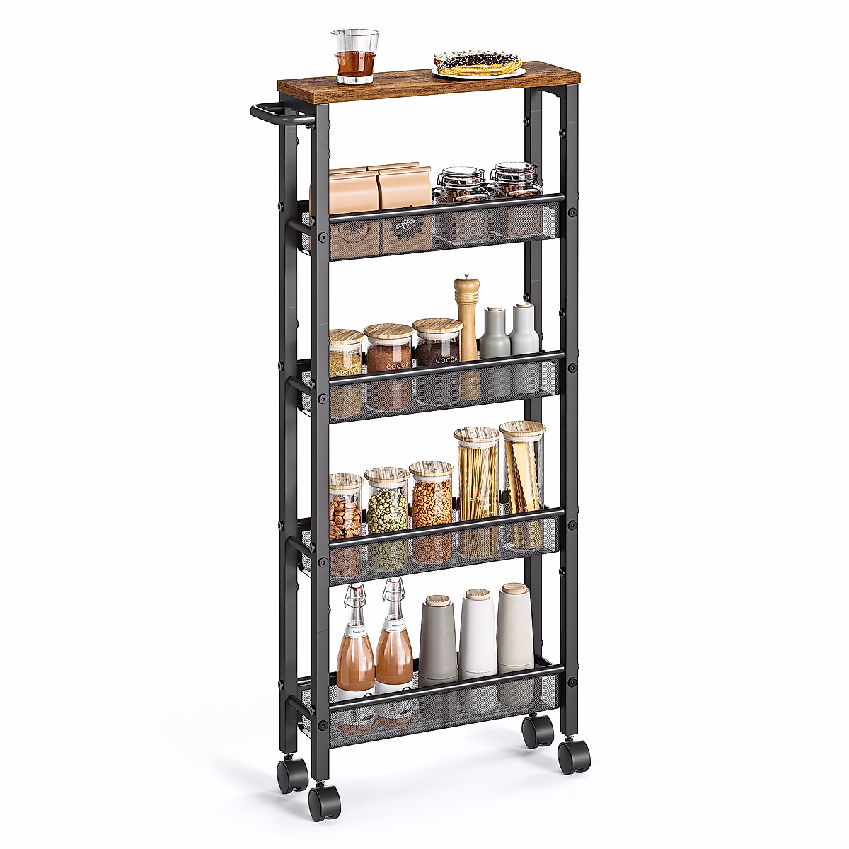 VASAGLE Slim Rolling Cart, 5-Tier Storage Cart, Narrow Cart with Handle, 5.1 Inches Deep, Metal Frame, for Kitchen, Dining Room, Living Room, Home Office, Rustic Brown and Classic Black ULRC034B01
