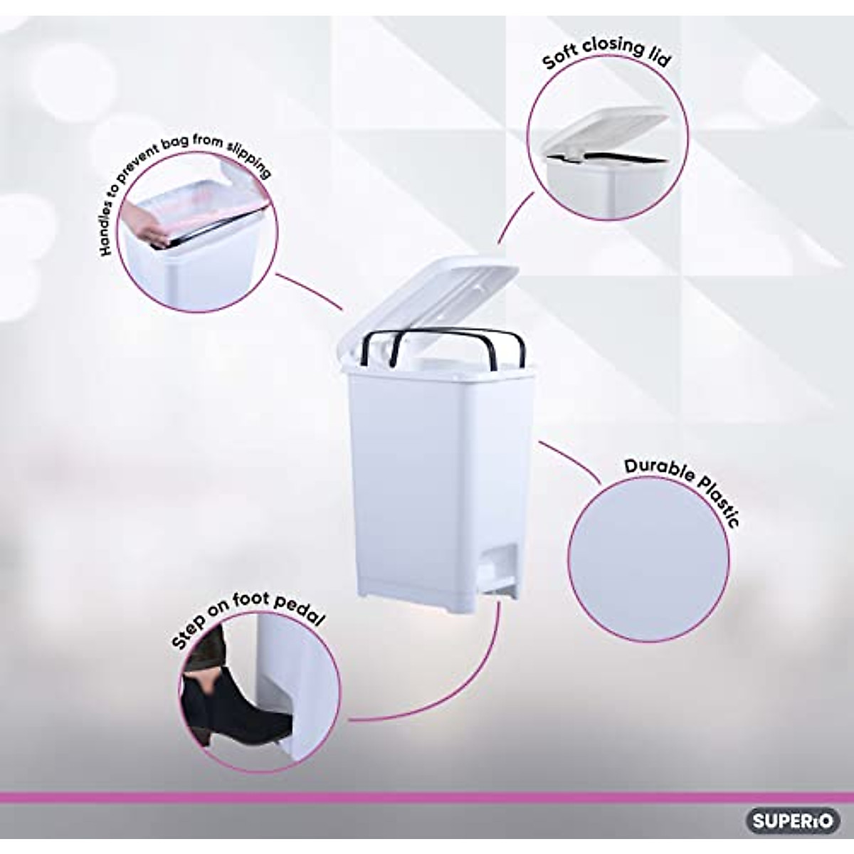 Superio Slim Step On Pedal Plastic Trash Can, Waste Bin for Under Desk, Office, Bedroom, Bathroom, Kitchen (2.5 gal) (White 2 Pack)