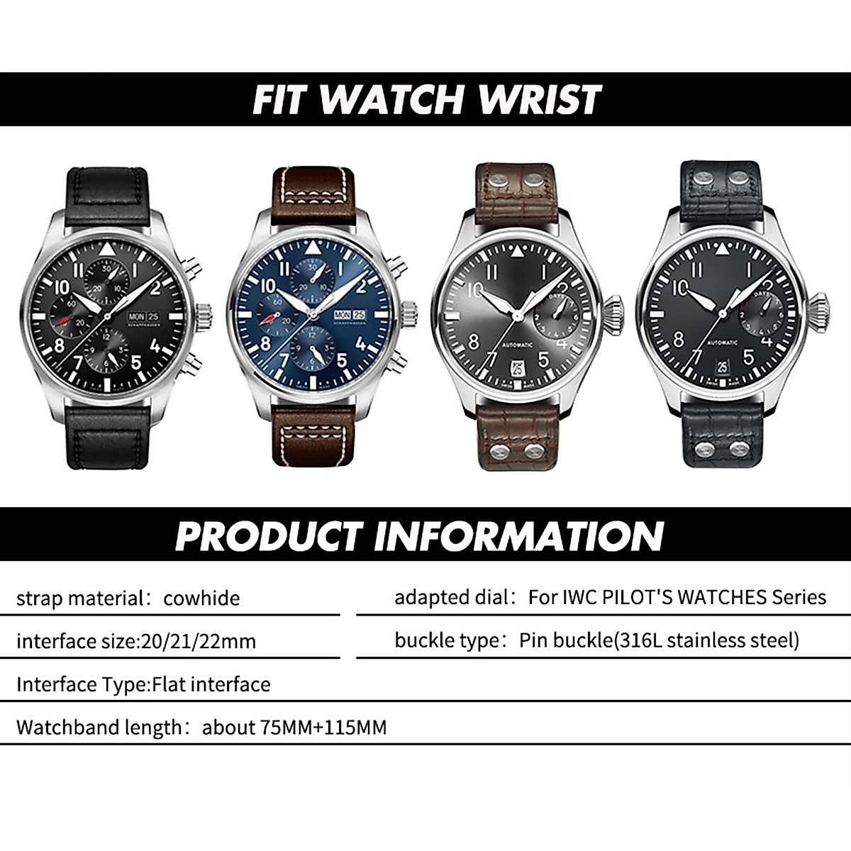 JWTPRO for IWC IW3777 IW3270 Mark 18 Big Pilot’s Watch Strap Soft Cowhide Bracelets 20mm 21mm 22mm Leather Watch Band (Color : Black Rivet Silver, Size : 20mm)