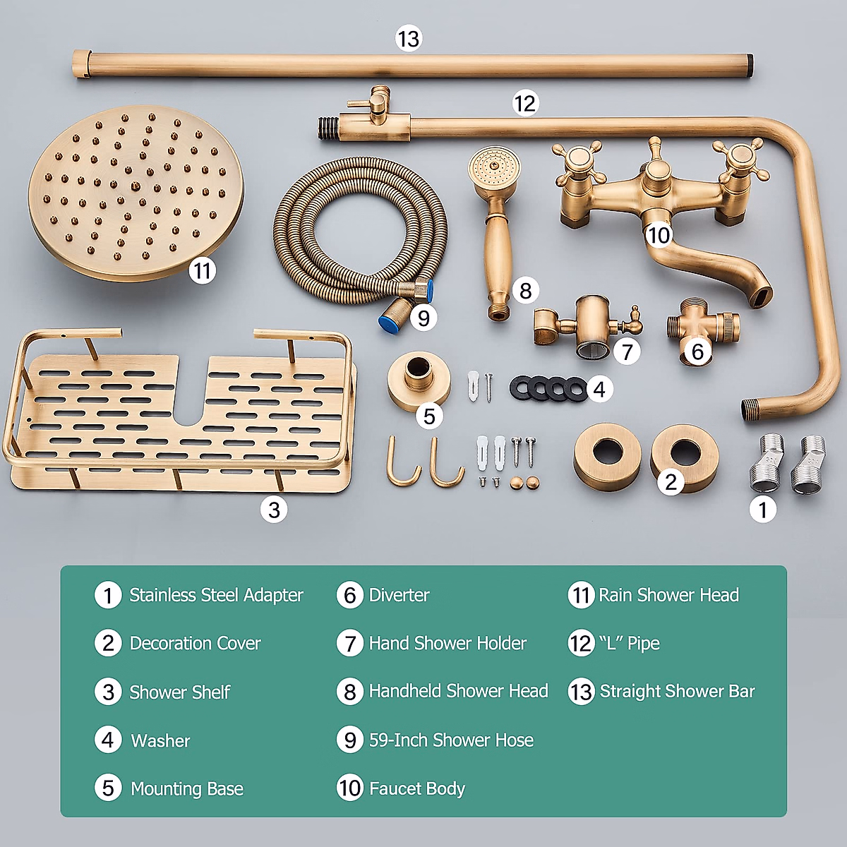 Gmusre Antique Brass Shower Fixture Bathroom Shower Faucet Set 8 Inch Rainfall Shower Head Handled Shower Waterfall Tub Spout Wall Mounted Outdoor Shower System with Shower Shelf