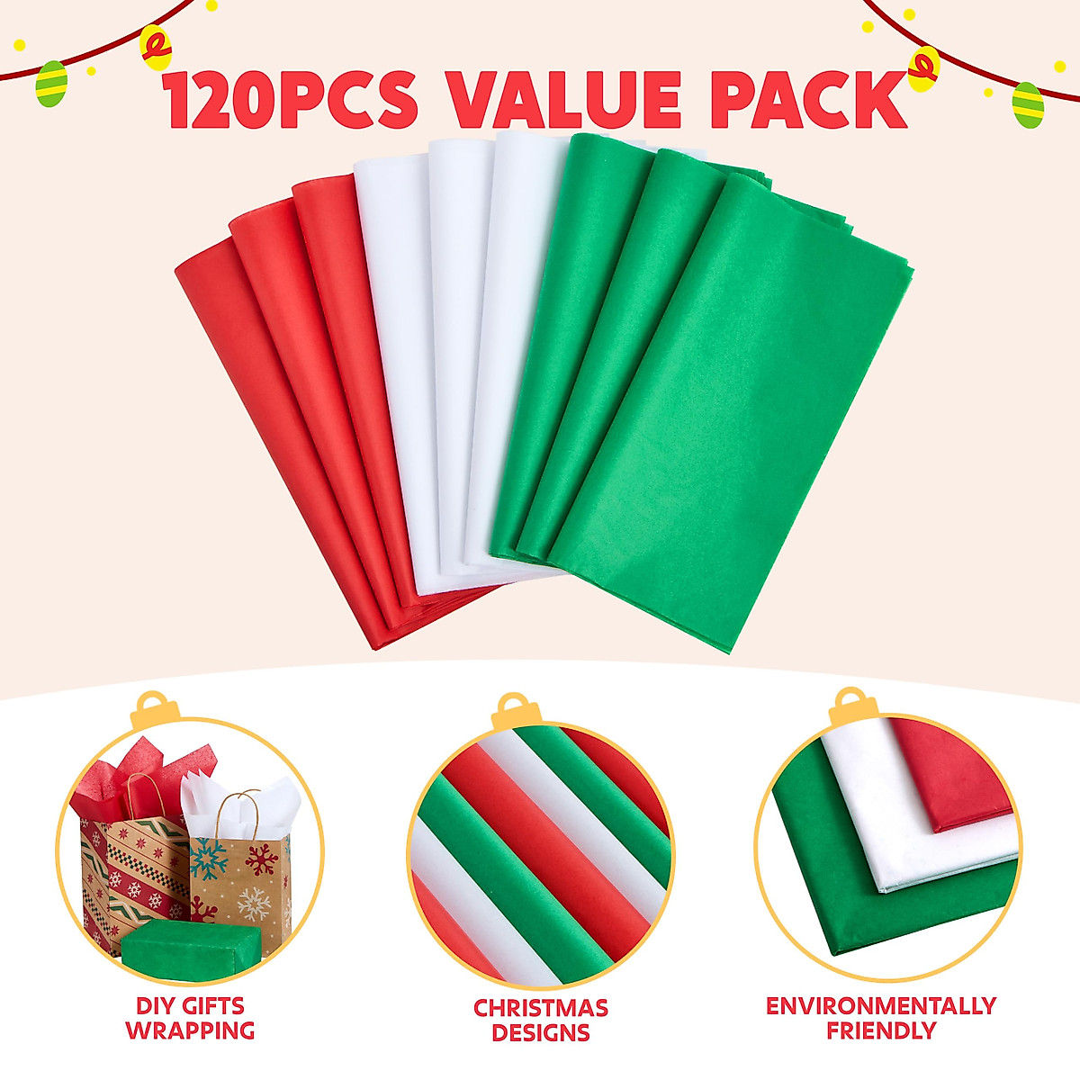 JOYIN 72 Sheets Christmas Tissue Paper Assortment (Red, Green & White) in 20" x 20" for Christmas Wrapping Tissue Paper, Party Supply