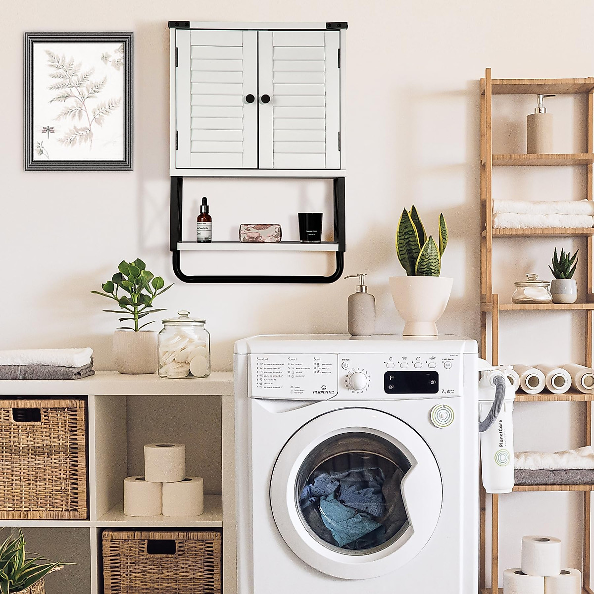 HOKYHOKY Bathroom Medicine Wall Cabinet, Bathroom Hanging Storage Cabinets with Louver Doors, Medicine Cabinet Organizer Wall Mounted with Towel Bar, White