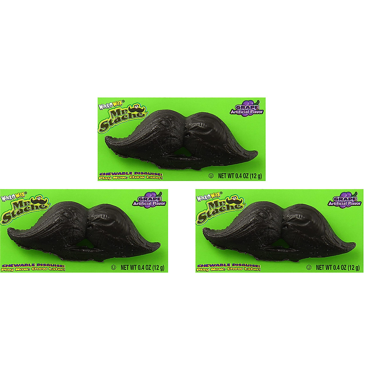 Bulk Candy Wack-O-Wax Mr. Stache Grape Wax Mustache Candy, Pack of 3