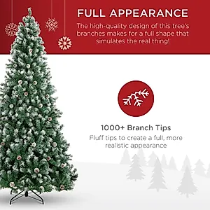 Best Choice Products 6ft Pre-Decorated Holiday Christmas Tree for Home, Office, Party Decoration w/ 1,000 PVC Branch Tips, Partially Flocked Design, Pine Cones, Metal Hinges & Base