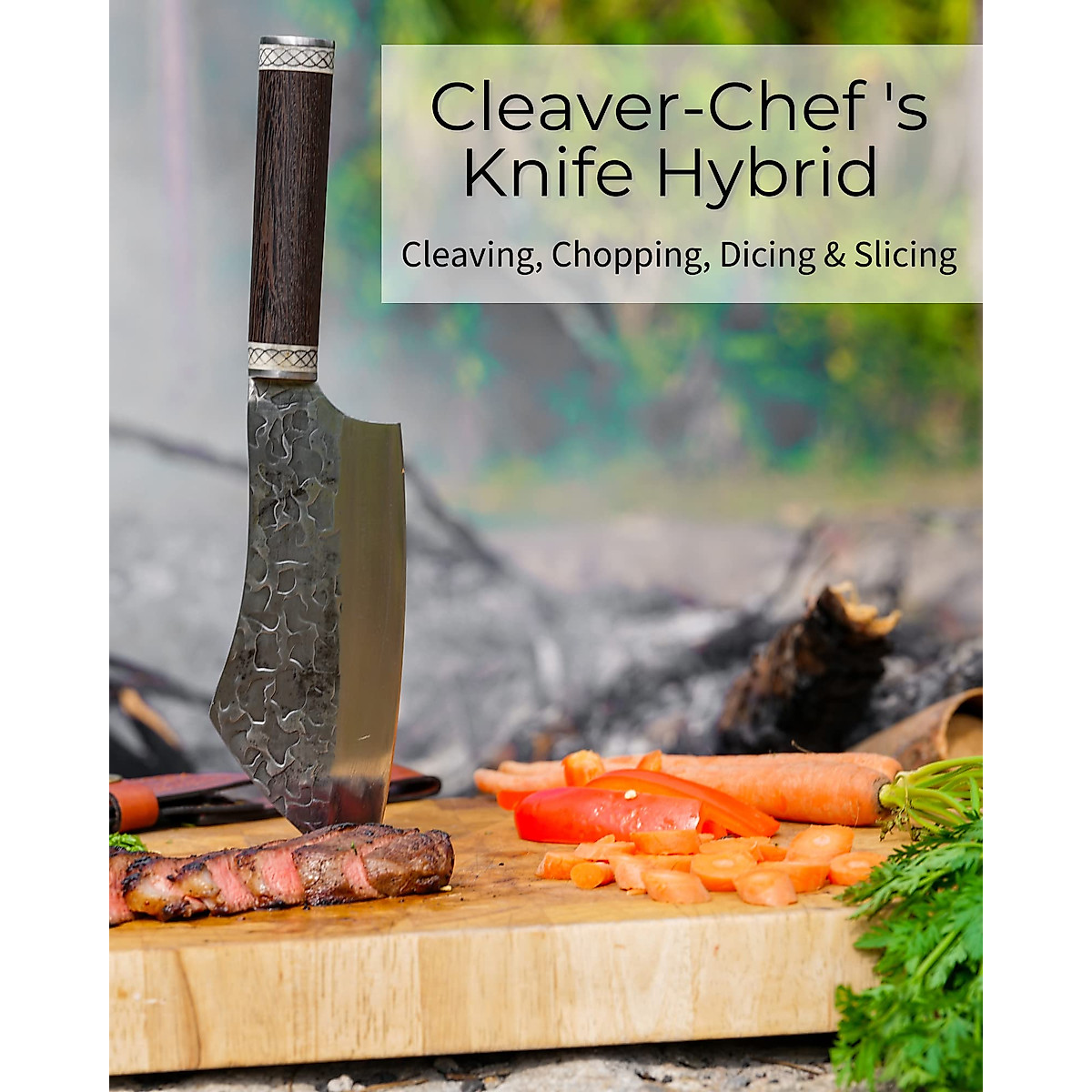 Norse Tradesman Chef & Cleaver Hybrid Knife - 7.5" Razor Sharp Kitchen Knife – Genuine Cowbone Accented Handle with Celtic Knot Engravings – Artisan Forged
