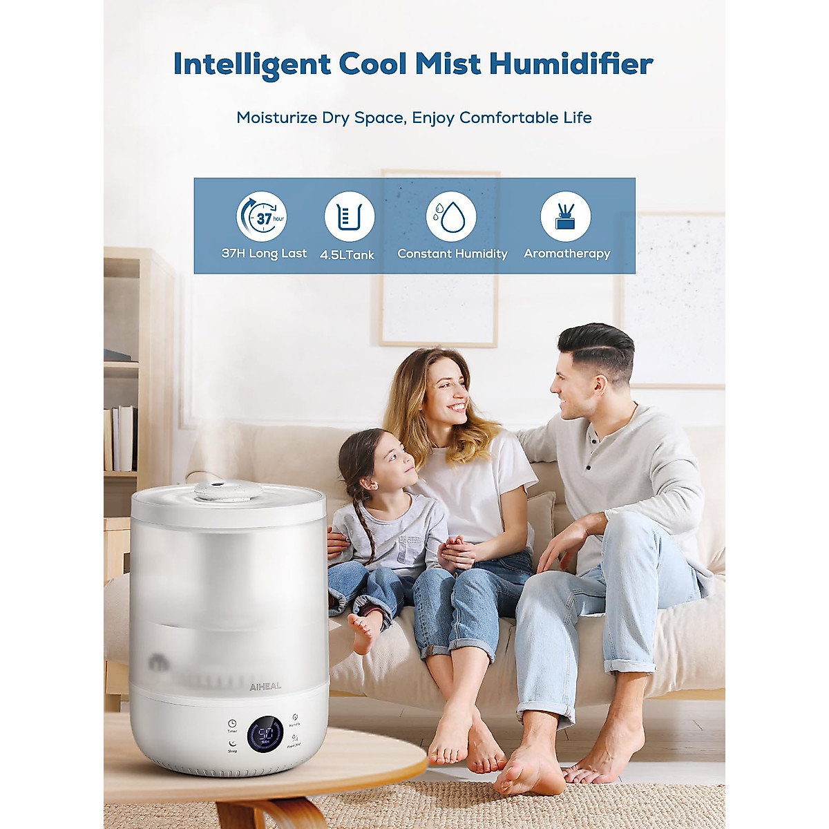 Aiheal Humidifiers for Bedroom Large Room, 4.5L Top Fill Cool Mist Ultrasonic Humidifier for Plants and Baby, Lasts 37 Hours, Timer, Auto Shut Off, Super Quiet, Sleep Mode, White