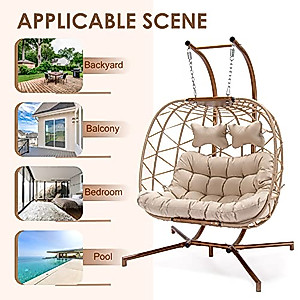 RADIATA Double Egg Chair with Stand Luxury Outdoor Patio Wicker Loveseat Hanging Swing Chairs Resistant Cushions Metal Frame 500 lbs Capaticy for 2 Persons Backyard Balcony Beige Beige Rattan