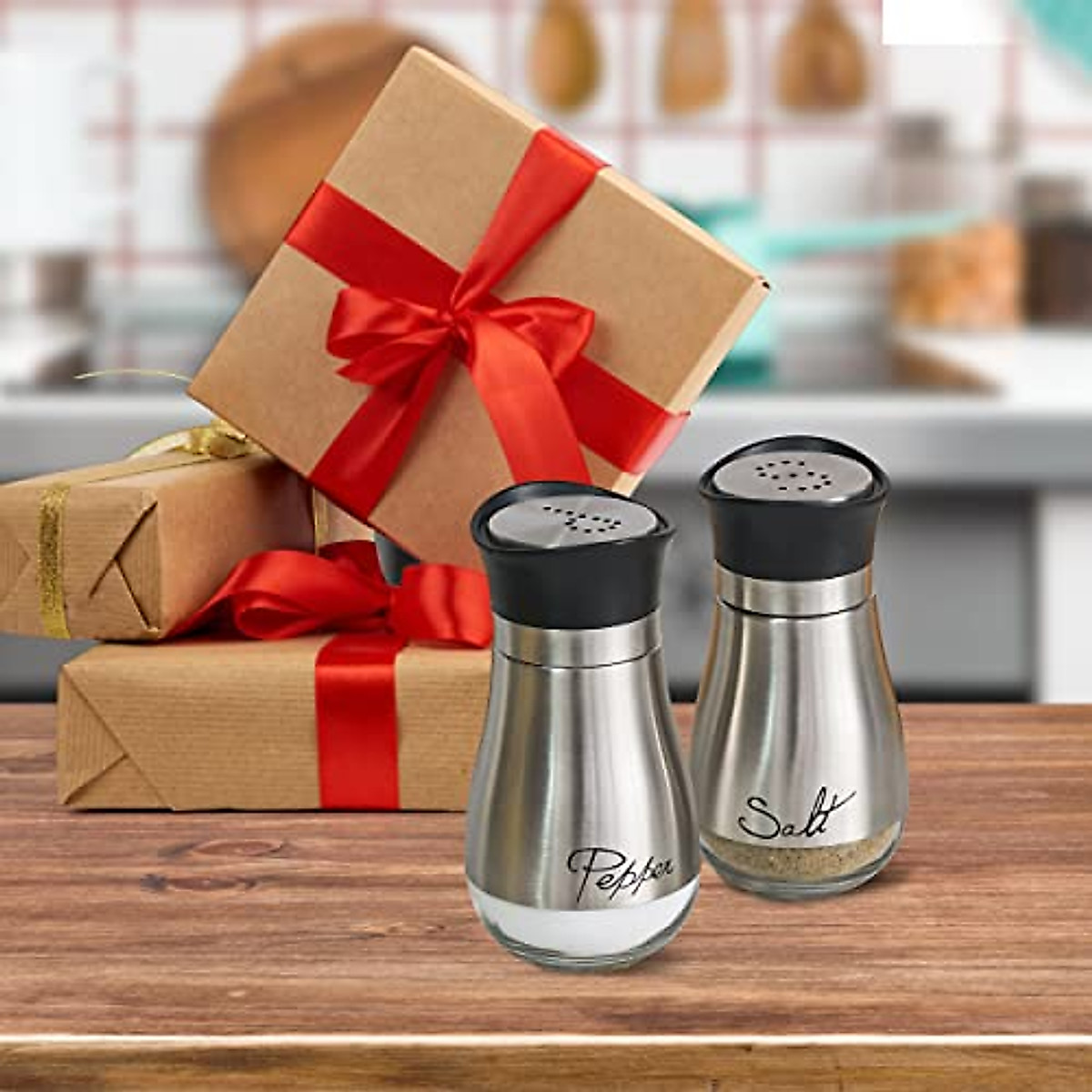 Salt and Pepper Shakers, Stainless Steel and Glass Bottle, Set of 2