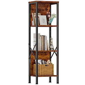 Furologee 4 Tier Small Bookshelf with Back, Short Narrow Bookcase with Shelves, Industrial Freestanding Shelf Units, Metal and Wooden Display Storage Rack for Bedroom, Living Room, Office, Entryway