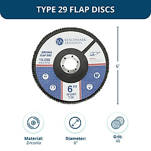 Benchmark Abrasives 6" x 7/8" Premium High Density Jumbo Zirconia Type 29 Flap Discs for Angle Grinder, 6 Inch Sanding Discs, Finishing, Deburring, Rust Removal - (10 Pack) 40 Grit