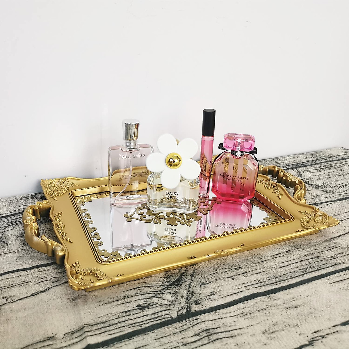 Hamphinee Rectangle Antique Decorative Mirror Tray, Perfume Organizer, Jewelry Dresser Organizer Tray & Display, Makeup Organizer Vanity Tray, Serving Tray, 9.3"x14.9", Gold