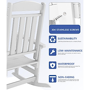 FOOWIN Patio Rocking Chairs Set of 2,HDPE High Back Porch Rocker,All Weather Resistant Poly Lumber Outdoor Porch Rocker, Rocking Chairs for Outdoor, Indoor, Patio, Deck, Garden White