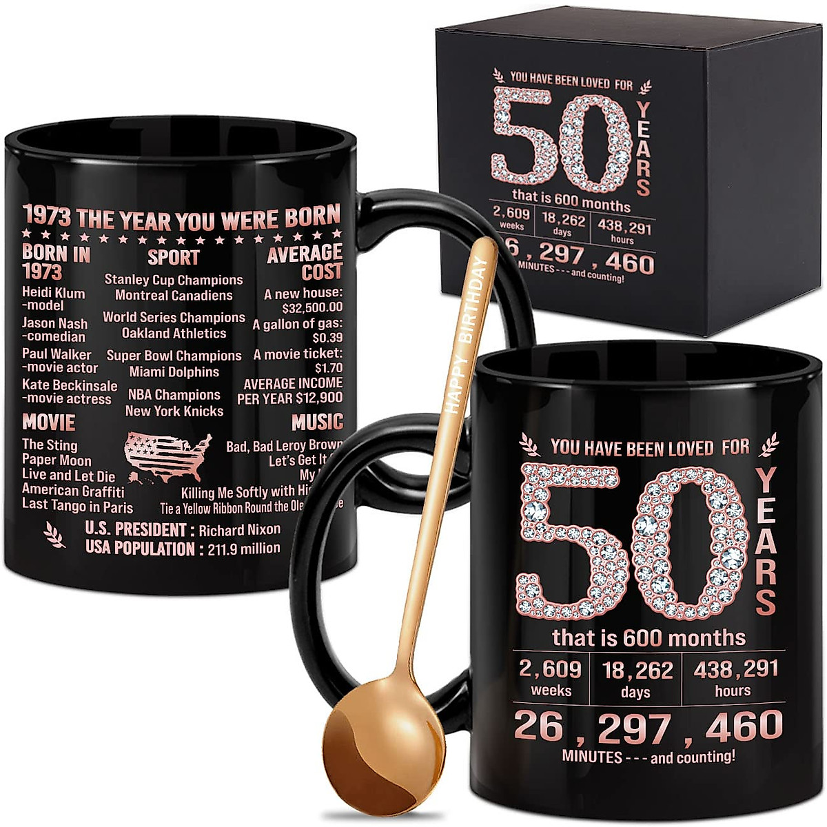 BdayPtion 50th Birthday Gifts for Women, Turning 50 Year Old Birthday Gift, 1973 Happy 50th Bday Gift for Her, Fifty Birthday Present, 11oz Black Coffee Mug