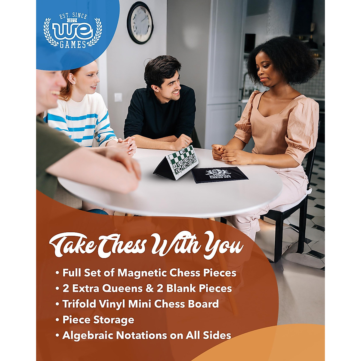 WE Games Mini Chess Set – 10 inch Foldable Pocket Chess Set, Flat Magnetic Chess Pieces, Portable and Travel Chess Set for Adults, White Logo