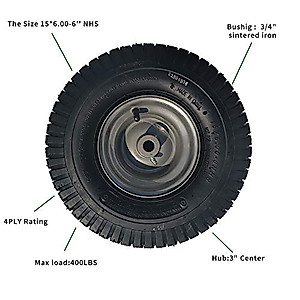 2 Pack 15x6.00-6"Pneumatic tires,Front Assembly Replacement for Craftsman Mower,Turf Tread,3" Center hub with steel rim,3/4'' bushings