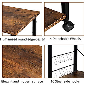 WEI WEI GLOBAL 3-Tier Kitchen Baker’s Rack, Microwave Stand Rolling Serving Cart, Industrial Storage Shelf Organizer w/ 10 Hooks & Wheels-Black Metal Frame, Rustic Brown