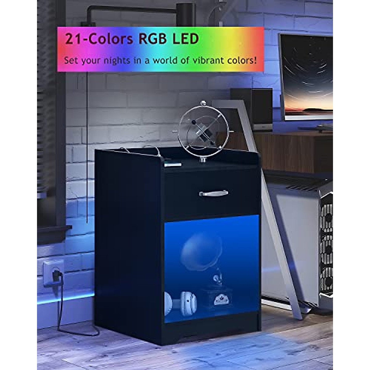 WEENFON Night Stand Set 2 with Charging Station and LED Lights, Nightstands with USB Ports & Outlets, Small Night Stands for Bedroom, Black