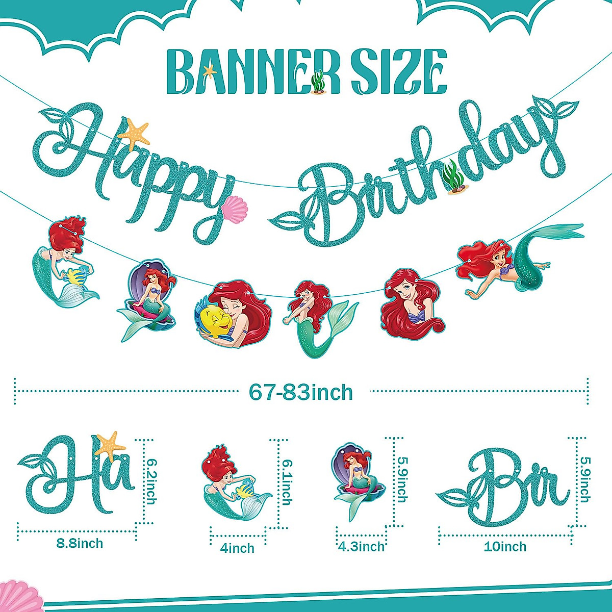 Little Mermaid Birthday Banner, Mermaid Ariel Birthday Banner, Mermaid Birthday Party Supplies Decorations for Girls Boys Birthday Party Baby Shower Cartoon Sign Decorations