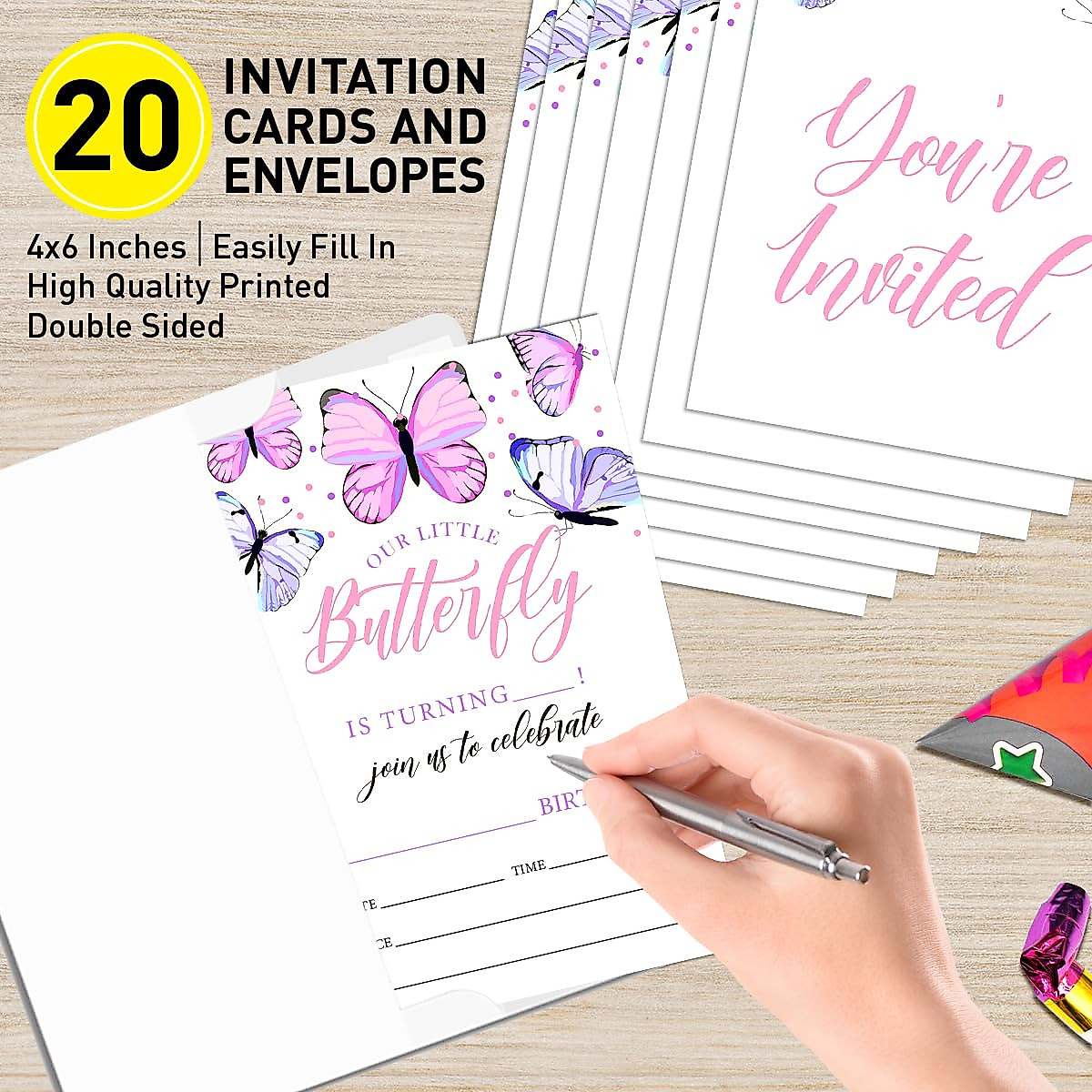 UDNADKEX Butterfly Birthday Invitations for Girl with Envelopes, Invites for Birthday Party Purple Butterfly, Butterfly Birthday Party Invite Cards, Our Little Butterfly, 4"x6" Set of 20