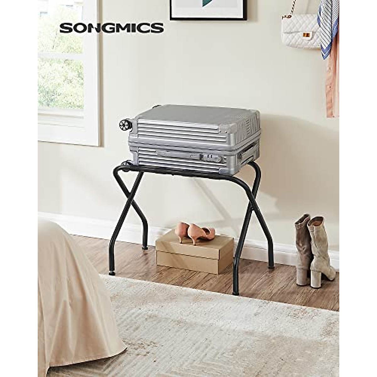 SONGMICS Luggage Rack for Guest Room, Suitcase Stand, Foldable Steel Frame, for Hotel, Bedroom, Holds up to 110 lb, 27.2 x 15 x 20.5 Inches, Black URLR001B01V1