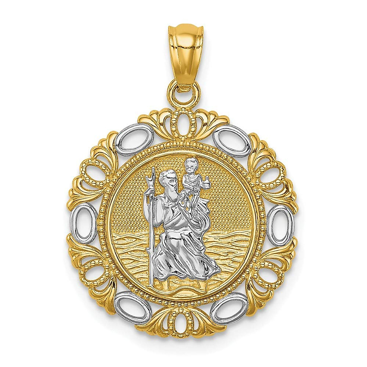 Solid 14k Yellow Gold Two Toned Catholic Patron Saint Christopher Pendant Charm Medal