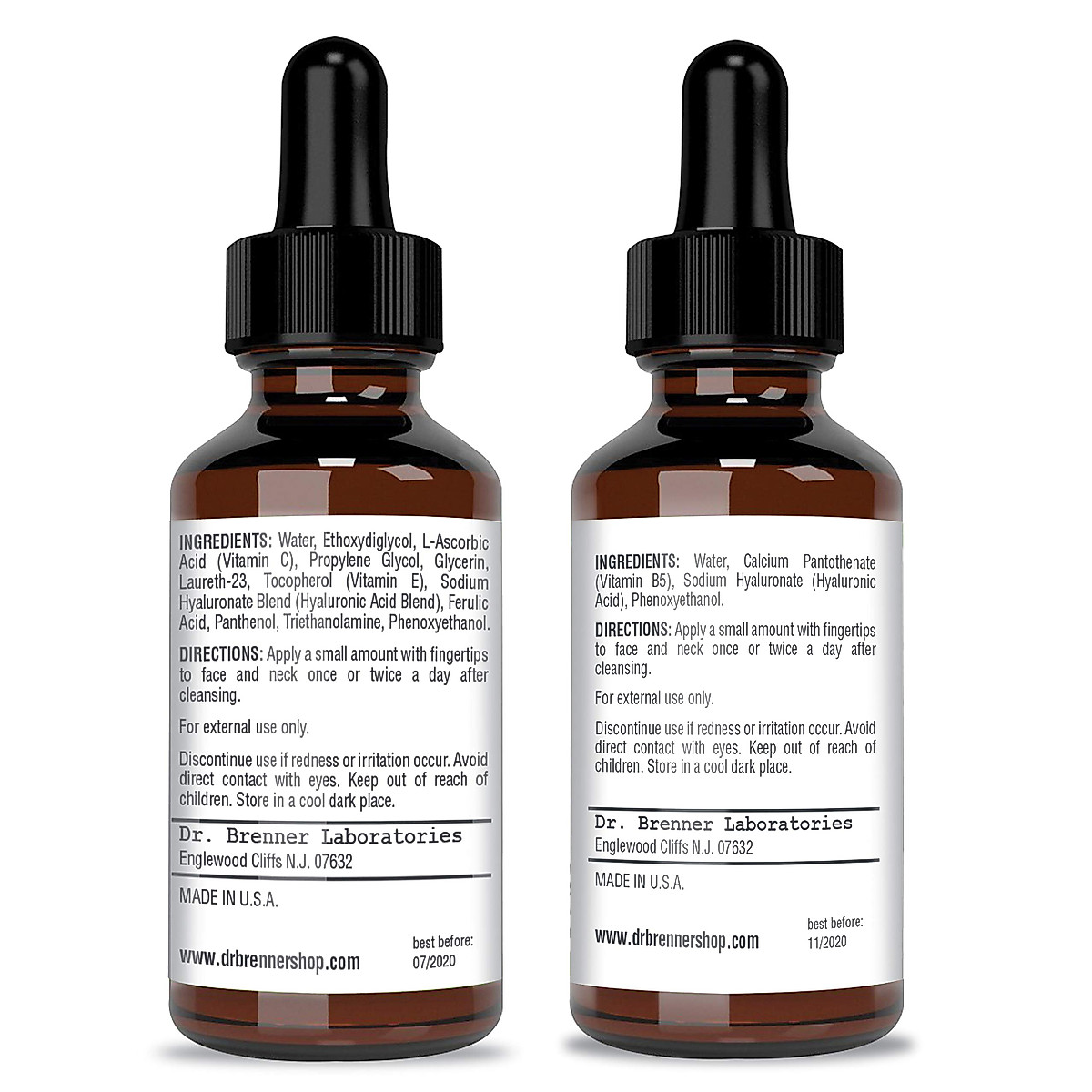 Vitamin C Serum 20% Pure L-Ascorbic Acid, Ferulic Acid, Vitamin E and HA and Hyaluronic Acid Serum with Vitamin B5 for Face and Eyes Natural Anti Aging Anti Wrinkle Set of 2 by Dr. Brenner