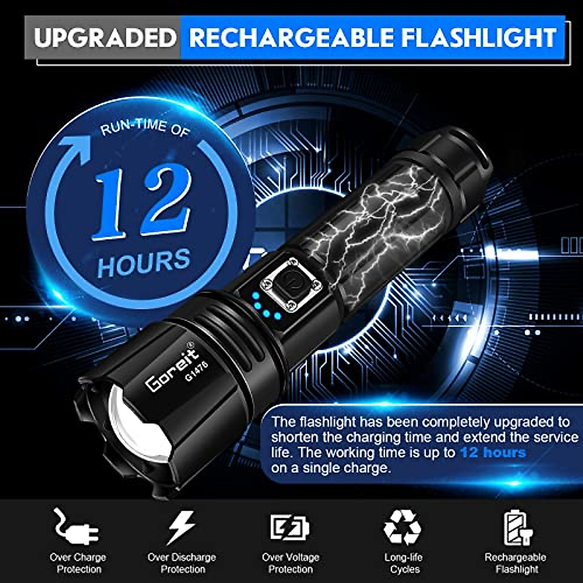 Goreit Flashlight High Lumens Rechargeable, 950000 Lumen Led Flashlights XHP70.2 USB Super Bright Flash Light Battery Powered, Powerful Handheld Flashlights for Emergencies Camping, IP67 Waterproof