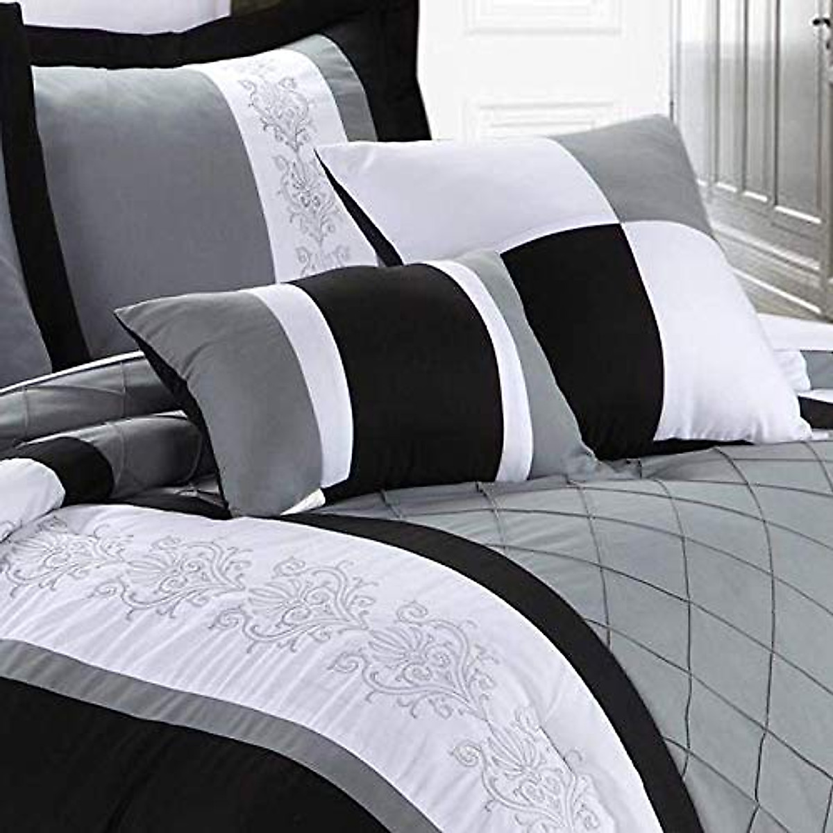 Chic Home 8-Piece Embroidery Comforter Set, Queen, Livingston Black