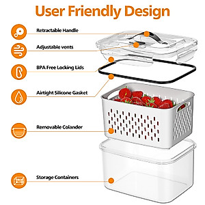 JSCARES 4-Pack Fruit-Storage-Containers for Fridge with Colander, Airtight Food Storage Containers with Lids & Handle, Produce Storage Bins Set for Refrigerator for Salad Berry Lettuce Vegetables Meat