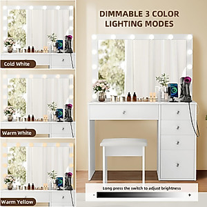 Makeup Vanity Desk with Lighted Mirror & Power Outlet & 5 Drawers, Vanity Table with 3 Lighting Modes Brightness Adjustable, Sliding Storage, White Vanity Set for Bedroom