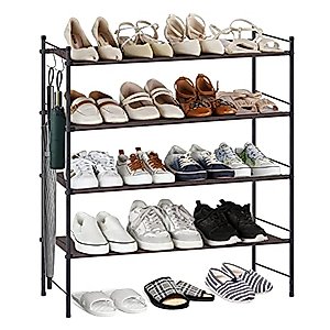 smusei Shoe Rack for Entryway 4 Tier Freestanding Adjustable Expandable Sturdy Closet Fabric Shoe Rack Storage Organizer with 2 Metal Hooks for Home, Dorm, Hallway, Bronze