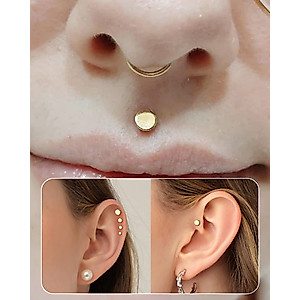Melighting 14K Gold Threadless Earrings 16G Gold Flat Back Earrings Tiny Flat Disc Threadless Push in Labret Stud Gold Tragus Piercing Jewelry for Women Conch Helix Stud